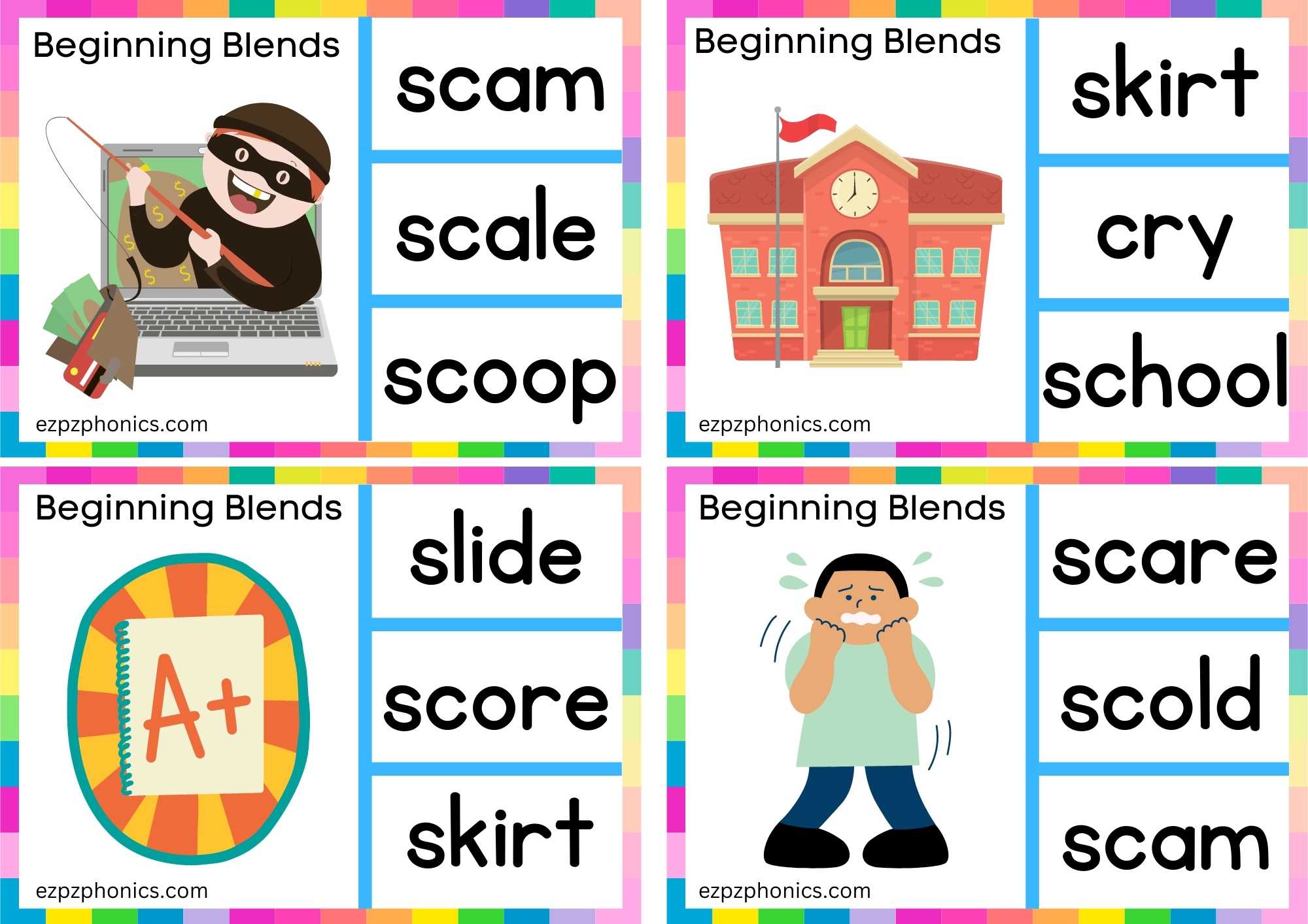 SC Beginning Blends Clip Cards Look At The Image And Clip The Correct Word Set 2 - ezpzphonics.com